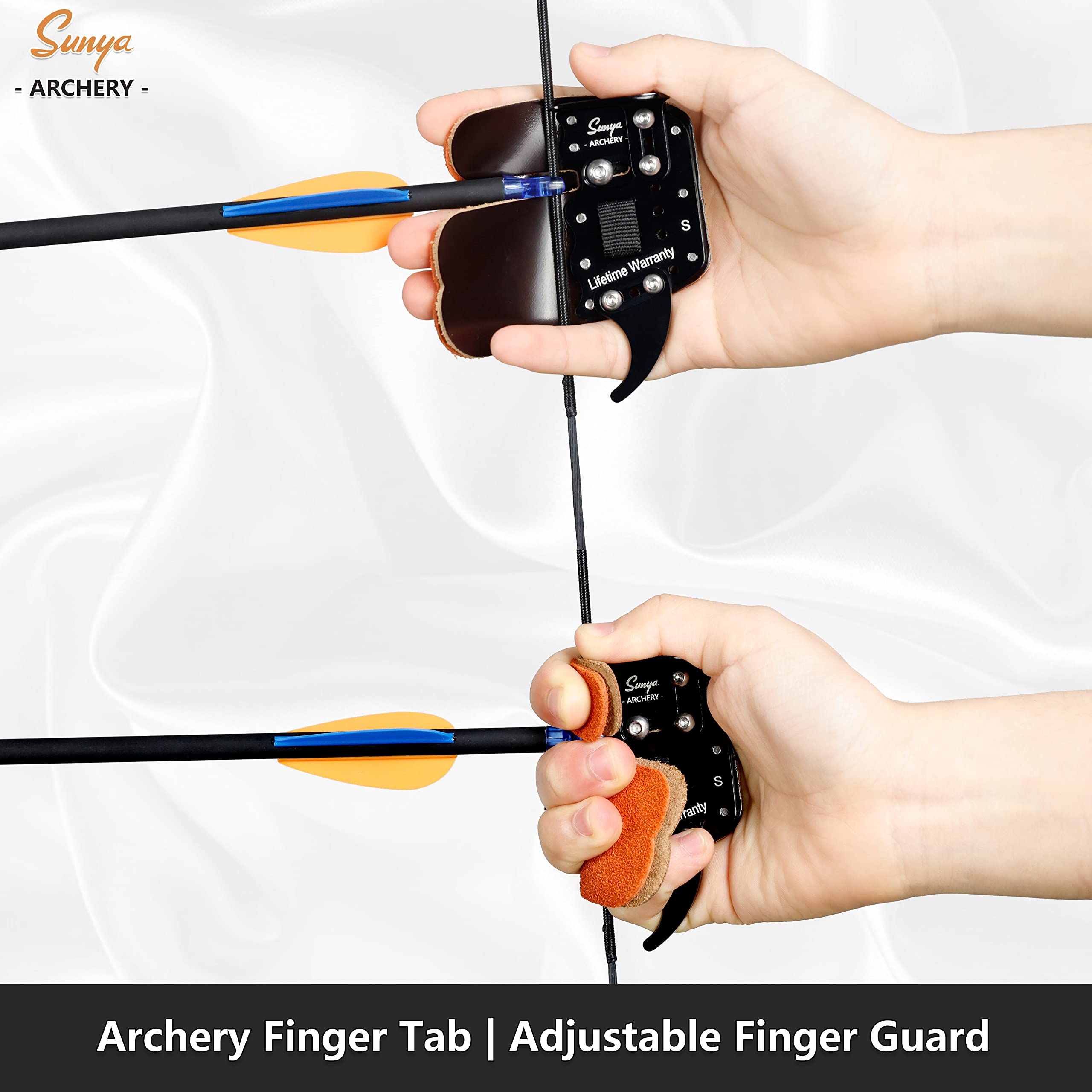 SUNYA Archery Finger Tab Cow Leather Pad + Aluminum Plate Adjustable Finger Guard for Recurve Bow (M, Blue)