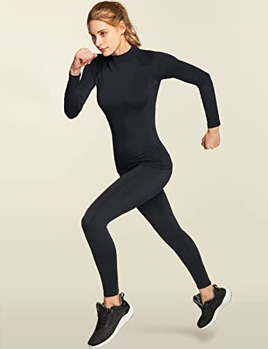 TSLA Women's Thermal Long Sleeve Tops, Mock Turtle & Crew Neck Shirts, Fleece Lined Compression Base Layer, Heat Core Mock Neck 2pack Black/Charcoal, Medium