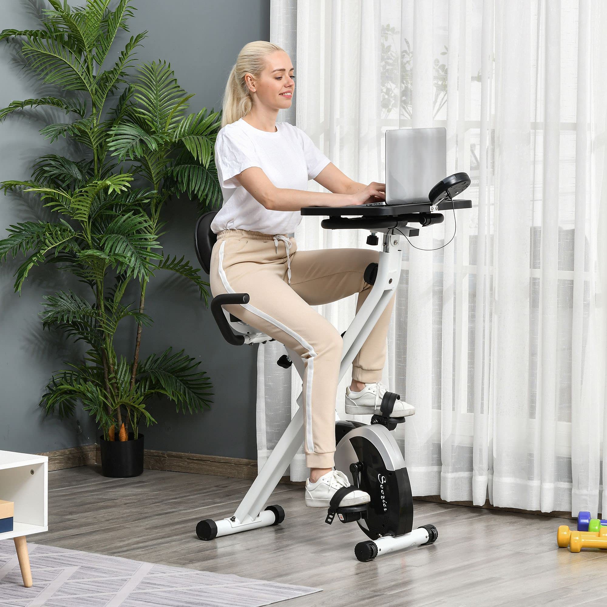 Soozier Stationary Exercise Bike with Adjustable Desktop, Seat Height and Resistance, 3lb Flywheel and Foldable Space-Saving Design, White