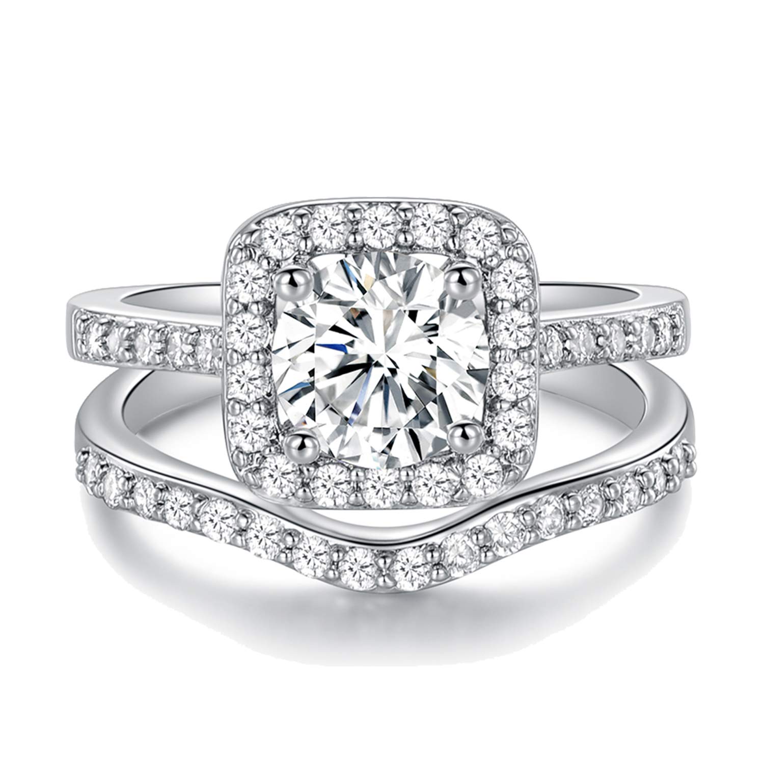 OPOMOMO Engagement Ring Set,18K White Gold Plated Cubic Zirconia Promise Eternity Rings for Women Pack of 2 PCS (5)