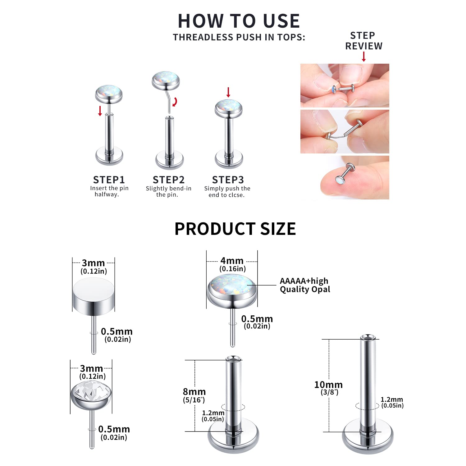 VOJO 16G G23 Titanium Industrial Piercing Jewelry,Internal Thread CZ Cartilage Barbell Earring for Women Men (6/6/8mm,White Opal)