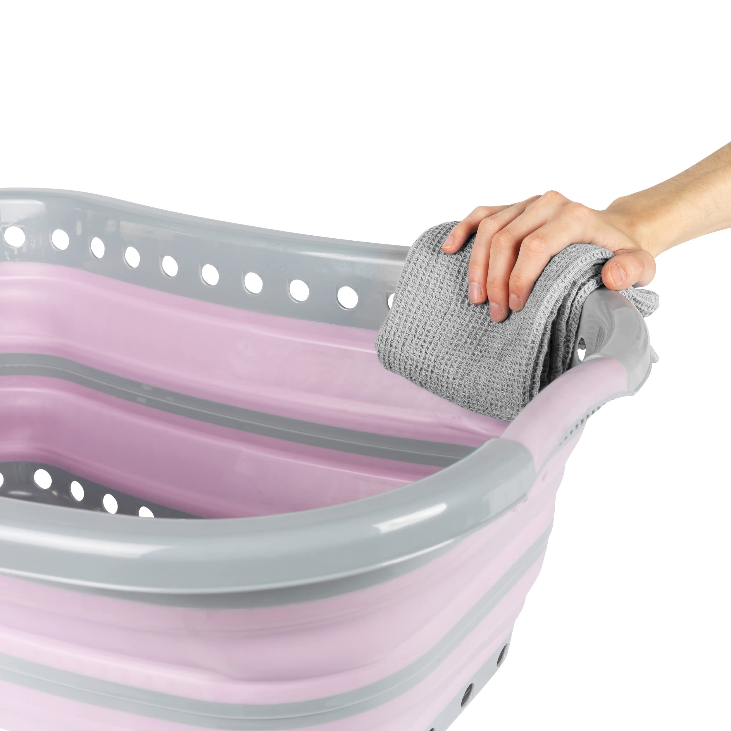Russell Hobbs LA083555PNKEU7 Collapsible Hip Hugger 37 Litre Laundry Basket, Curved Shape, Non-Slip Handles, Portable & Lightweight, Compact For Easy Storage, Pink