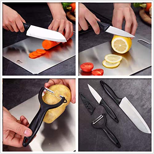 WOLFLAND 3 Pieces Kitchen Knife Set 3.5β Paring knife 7β Santoku Knife w/Protective Covers and Peeler Stainless Steel blade and Ergonomic Black Handle