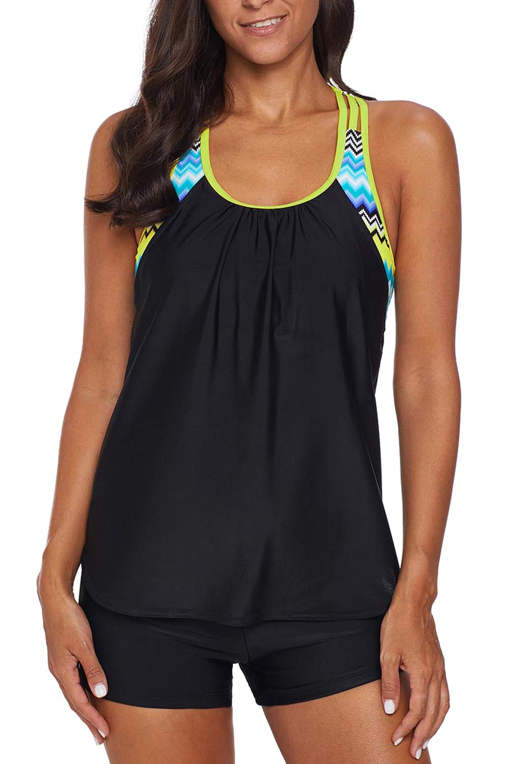 REKITA Women's Swimsuits Color Block Tankini Top Boyshort Swimwear