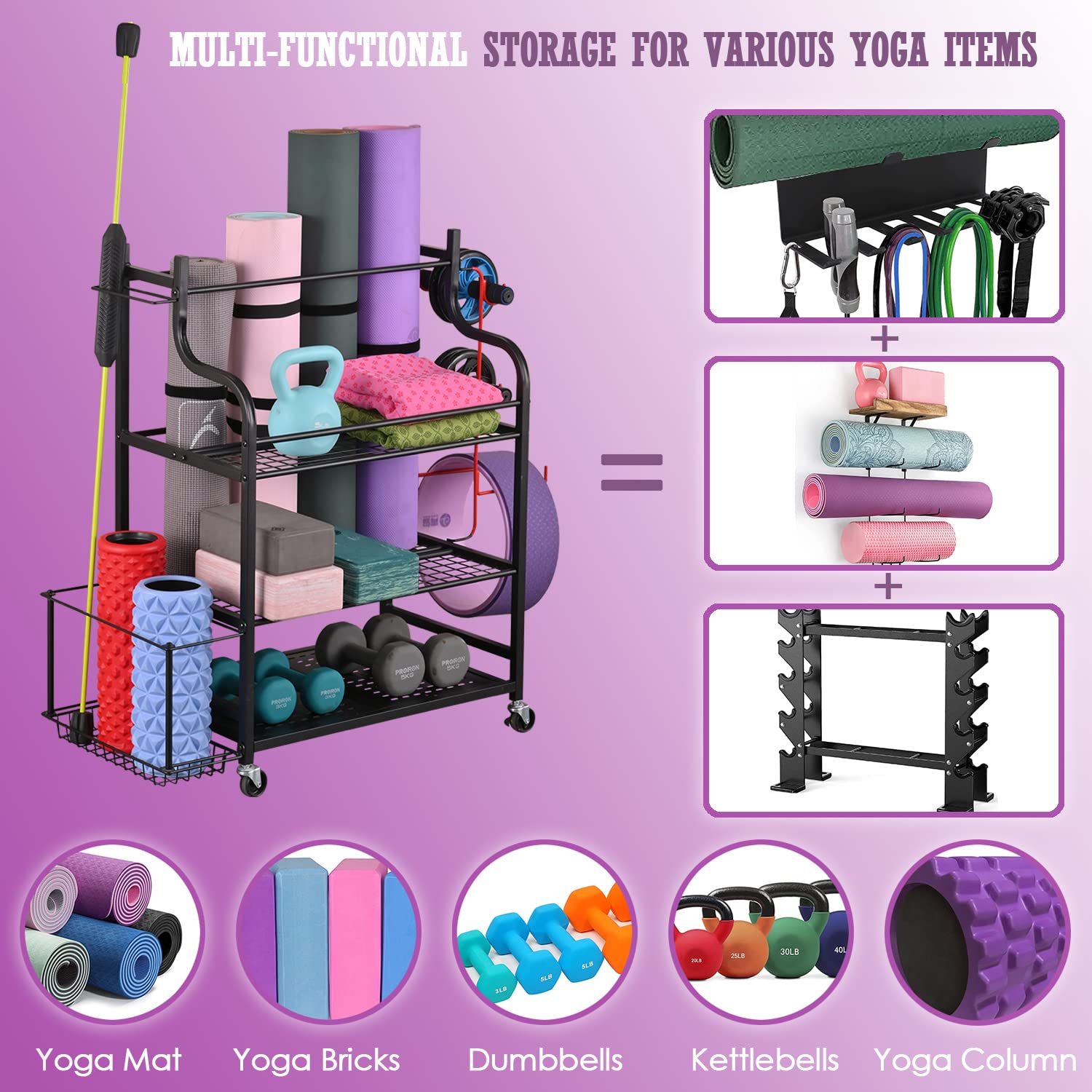 SNAIL Yoga Mat Storage Racks Home Gym Studio Storage Organizer for Dumbbells Kettlebells Foam Roller Yoga Strap and Resistance Bands Large Workout Equipment Storage Rolling Cart With Hooks and Wheels