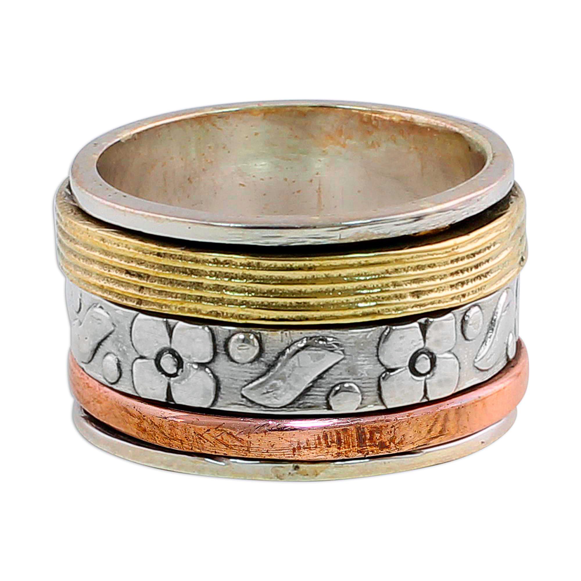 NOVICA Artisan Handmade Sterling Silver Meditation Spinner Ring Copper Brass Indian Floral No Stone [band Width 10 mm W] ' Floral Sheen'