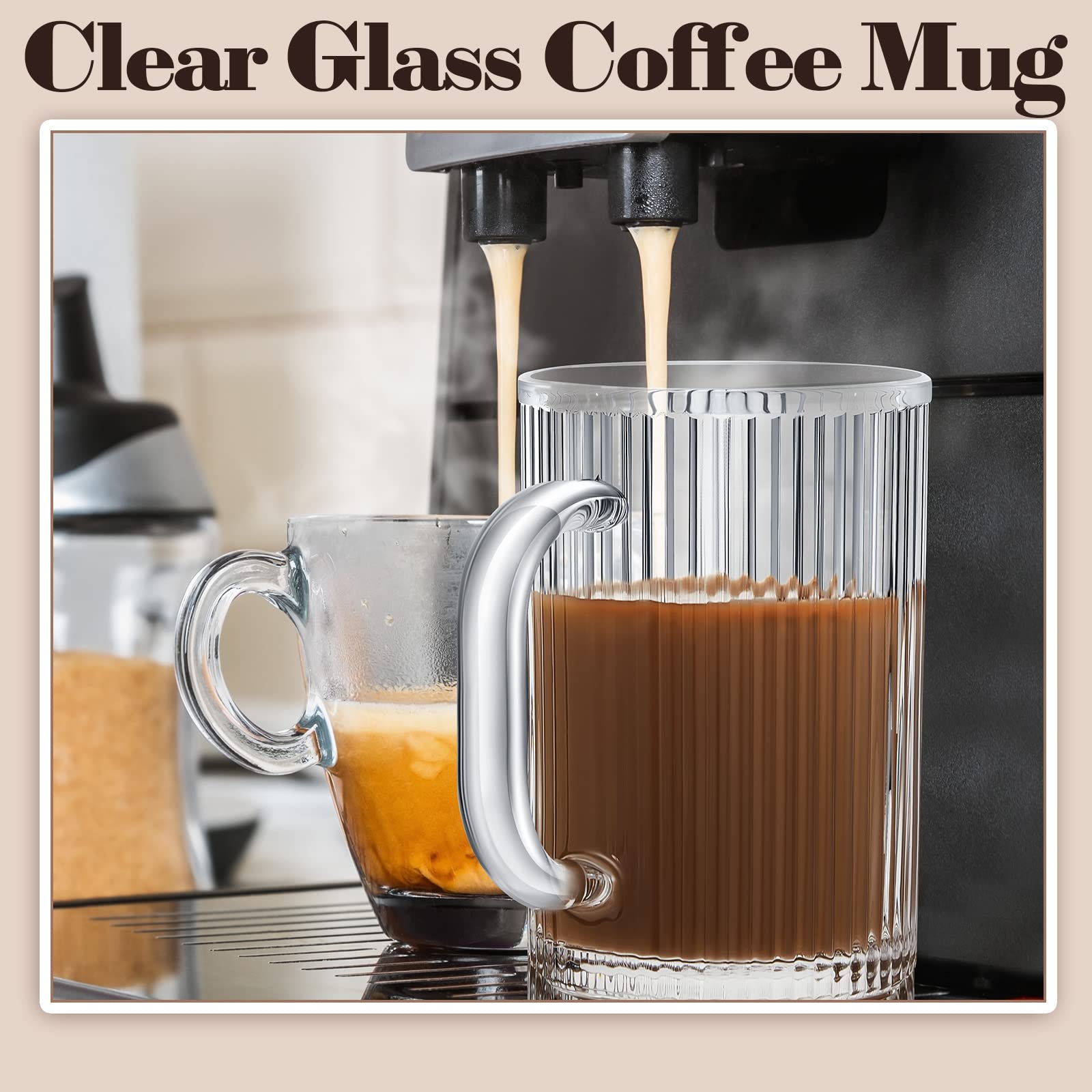 Suclain 4 Pieces Glass Coffee Mugs Clear Vertical Stripes Tea Mug with Lid and Spoon Ribbed Glasses for Espresso Milk Chocolate Latte Juice Anniversary and Birthday, 11.8 oz