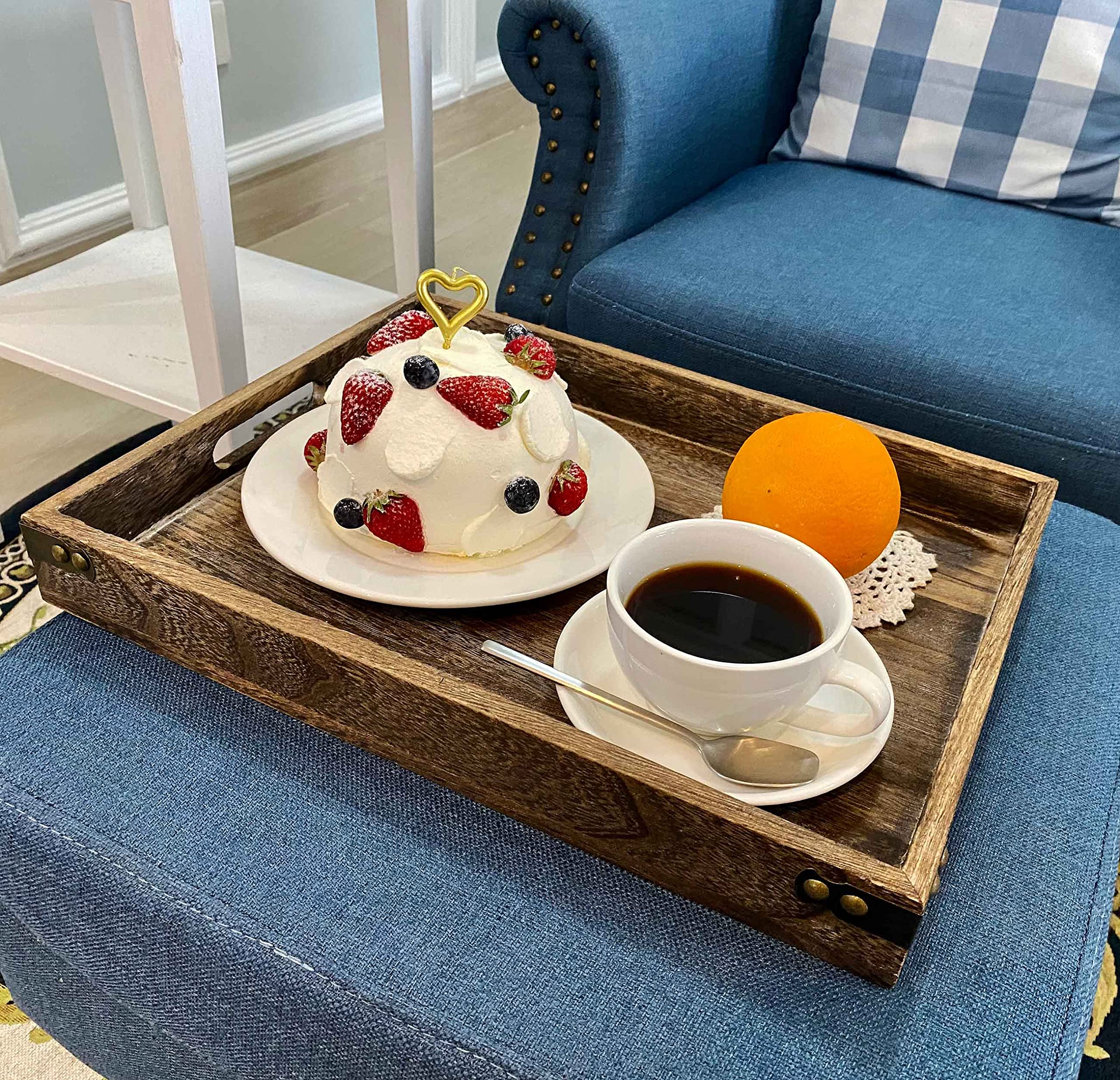 Sufandly Large Wooden Serving Tray with Handles, Rectangle Breakfast Tray 15.7 x 11.8 Inch Wood Colorā¦