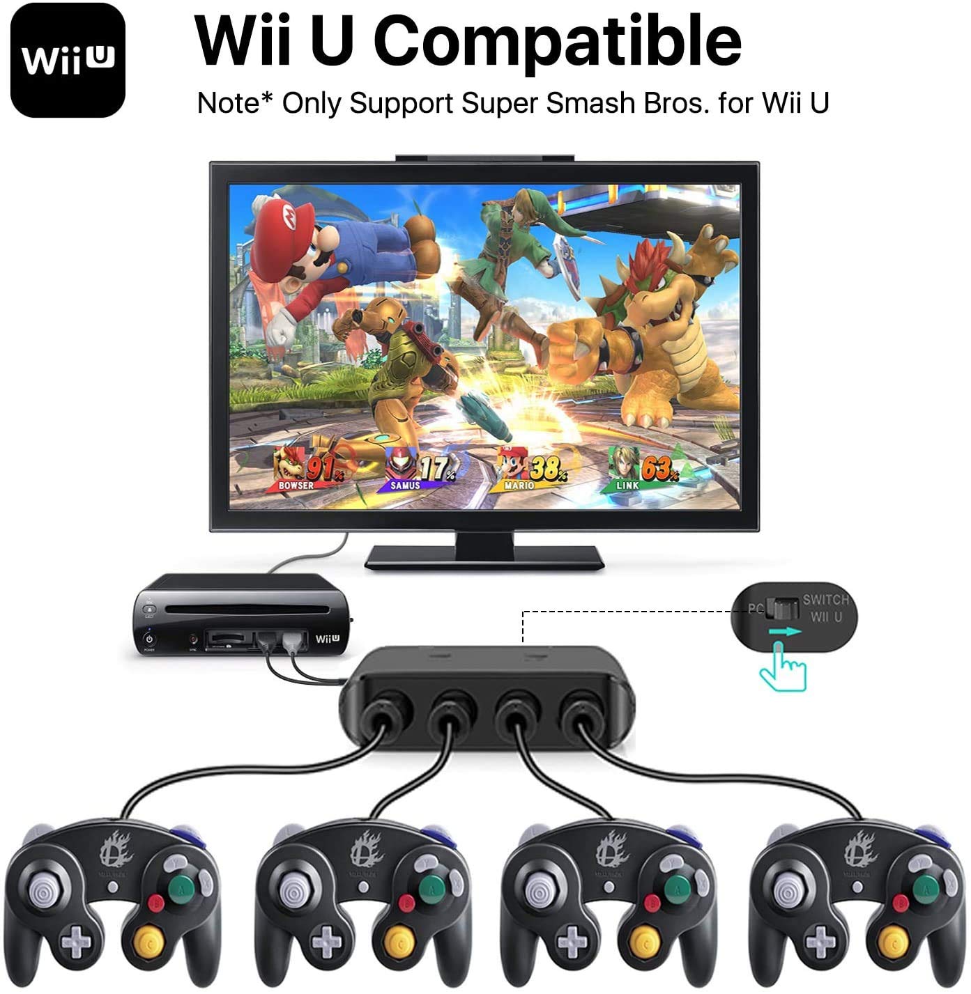 NALENSY Adapter for Gamecube Controller Adapter Compatible Switch/PC/Wii U. Super Smash Bros Switch Gamecube Adapter, Support Turbo and Vibration Features - Four Player