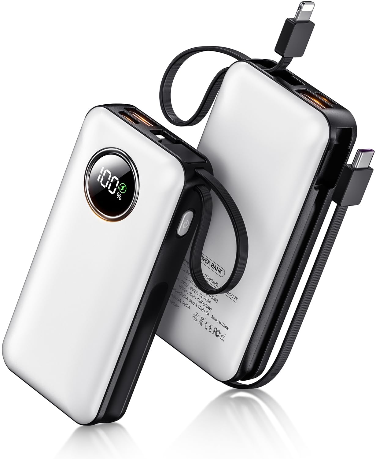 Portable-Charger-Power-Bank - 15000mAh PD 30W Power Bank, Built in Type-C(30W) and iOS(20W) Output Cables LED Display for iPhone and Android Phones and Most Electronic Devices