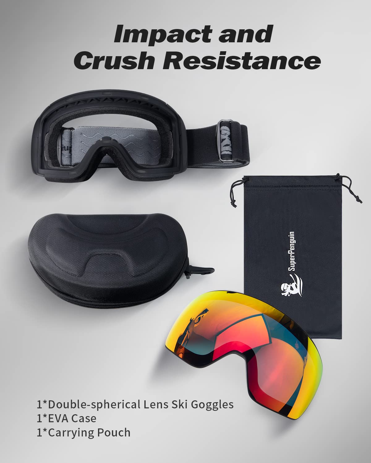 Super Penguin Ski Goggles Magnetic Lens & Replacement Lens, Double Spherical OTG Design Snow Goggles Anti-fog UV Protection