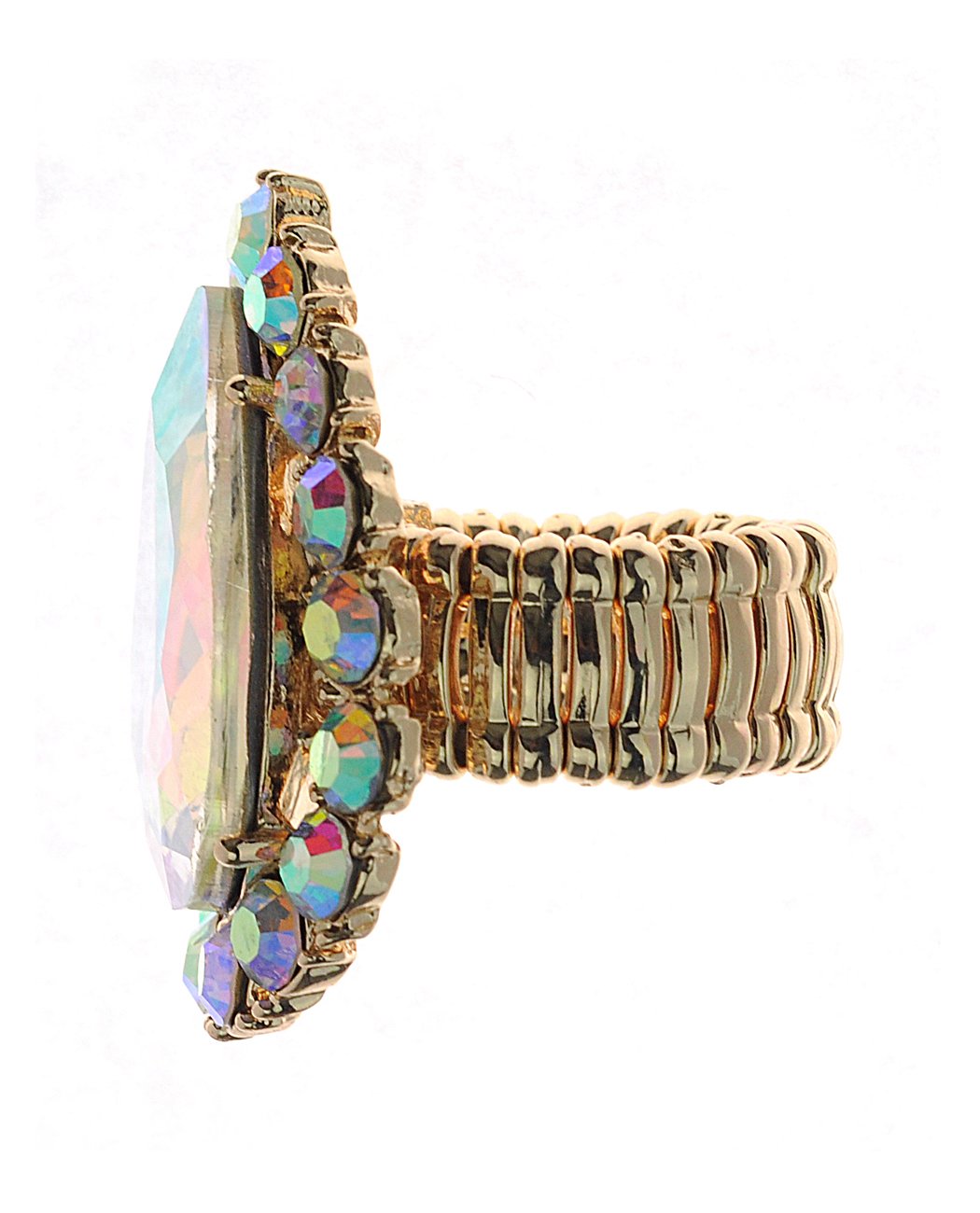 NYFASHION101 Women's Teardrop Stone Studs Fashion Stretch Ring, Aurora Borealis/Gold-Tone
