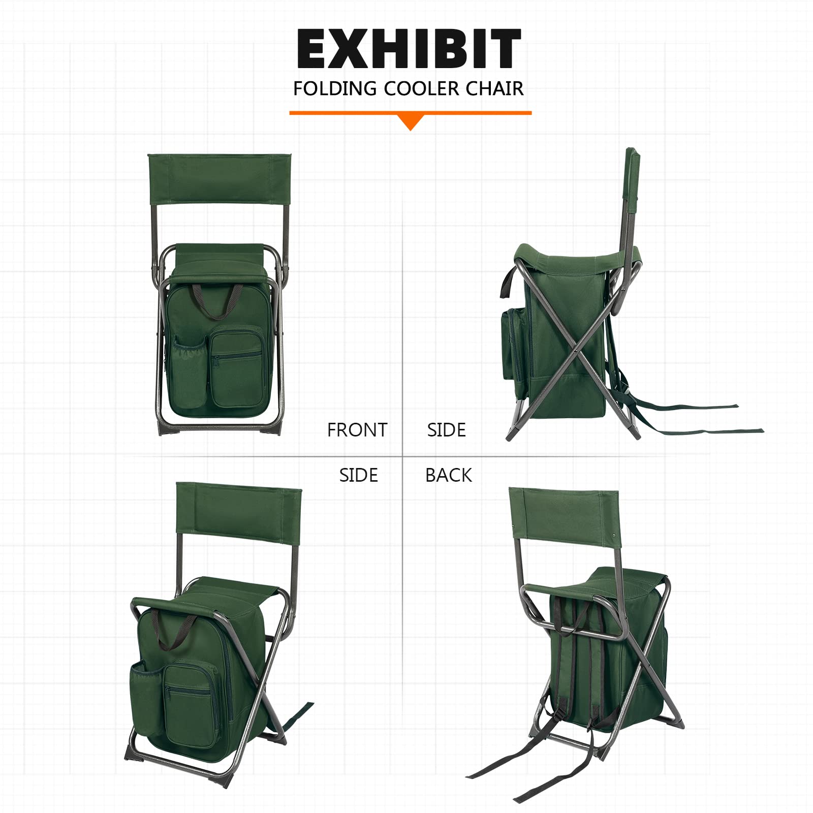 PORTAL Lightweight Backrest Stool Compact Folding Chair Seat with Cooler Bag and Backpack Straps for Fishing, Camping, Hiking, Supports 225 lbs