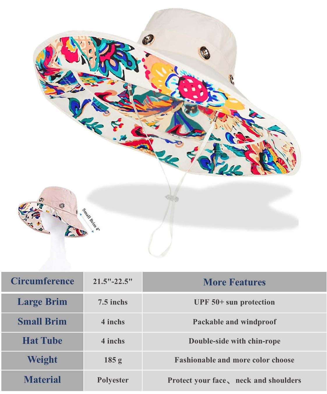 Packable Extra Large Brim Floppy Sun Hat Reversible UPF 50+ Beach Sun Bucket Hat Beige