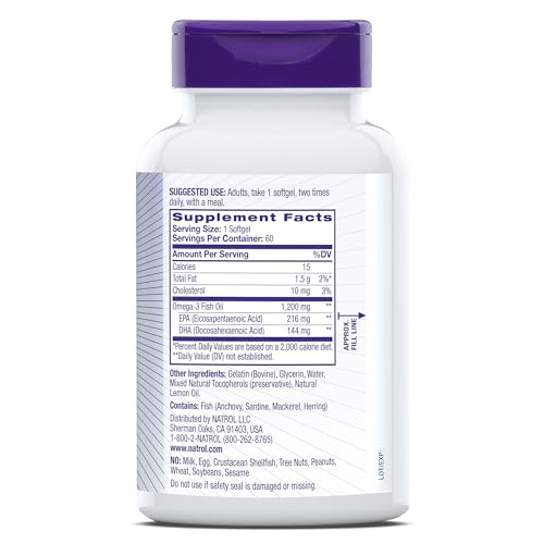 Natrol, Omega-3 Fish Oil Softgels, Heart Health Dietary Supplement, 1200 mg, 60 Count