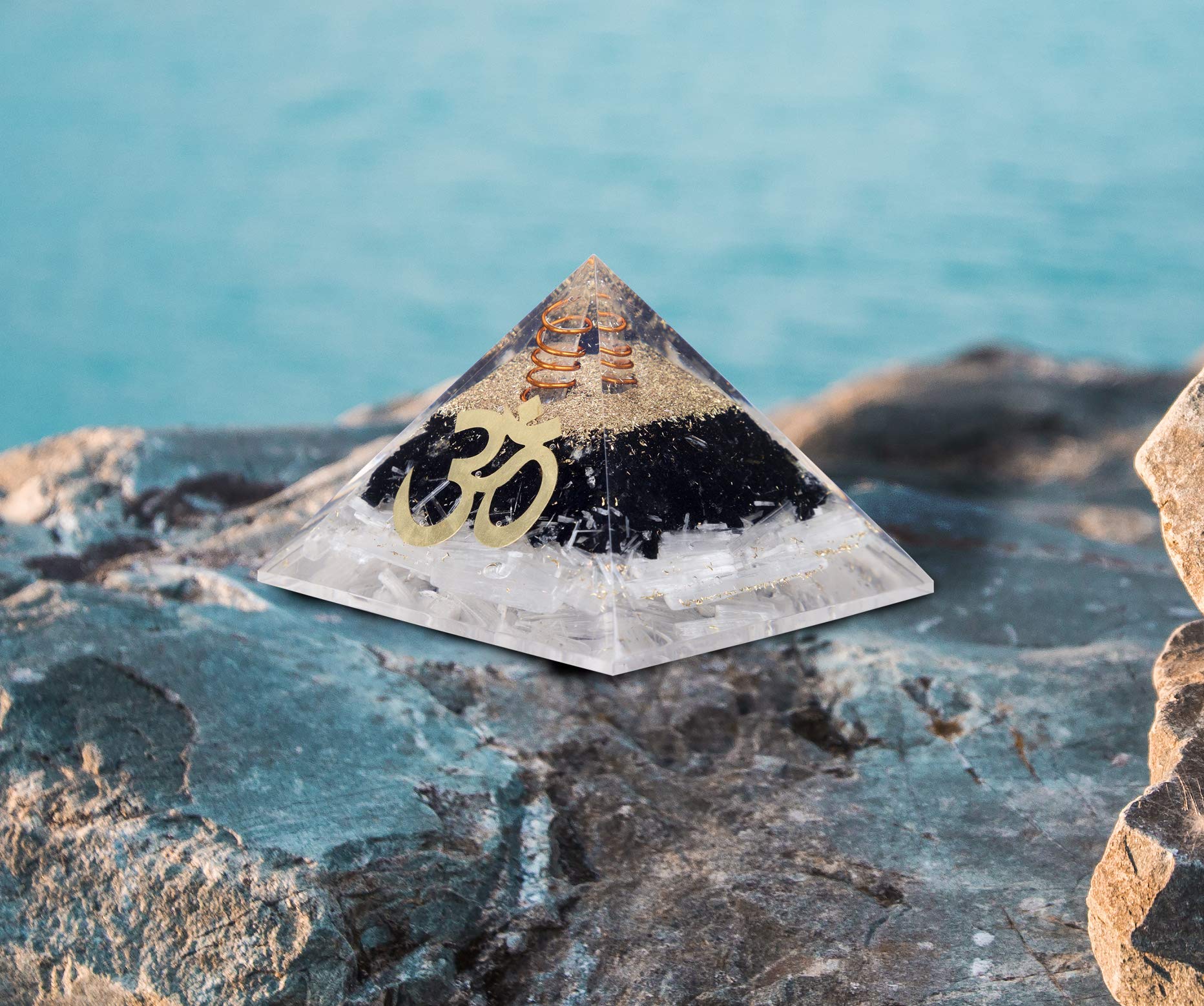 Orgone Pyramid Crystal -Orgonite Crystals -Black Tourmaline & Selenite-for Protection & Positive Energy-Crystal Pyramid for- Chakra Healing Meditation &Crystal Gifts-Orgonite Pyramid