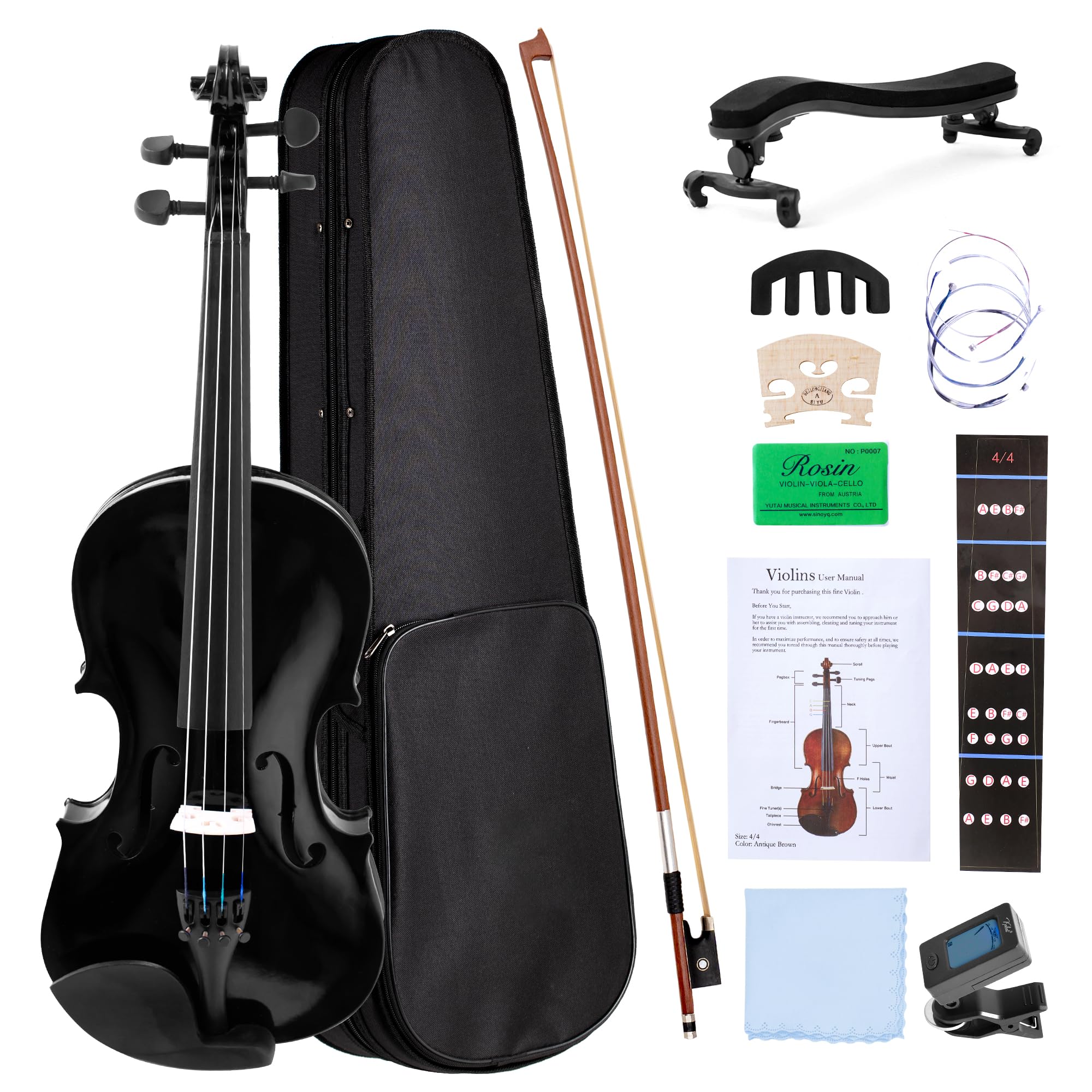 MOSAYA Violin 4/4 Full Size for Beginner Kids with Violin Strings Violin Bow Violin Rosin Shoulder Rest Violin Tuner Finger Guide for Violins and Violin Case, Black Glossy