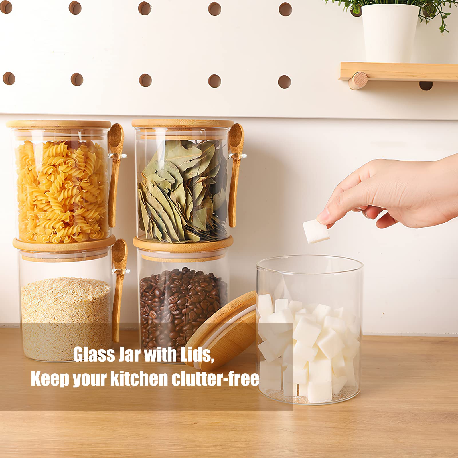 Nevfiro 6 Pack Airtight Glass Jars with Bamboo Lid and Spoon, 19Oz Borosilicate Glass Food Storage Containers Canisters, Decorative Overnight Oats Containers with Lids for Coffee, Tea, Sugar