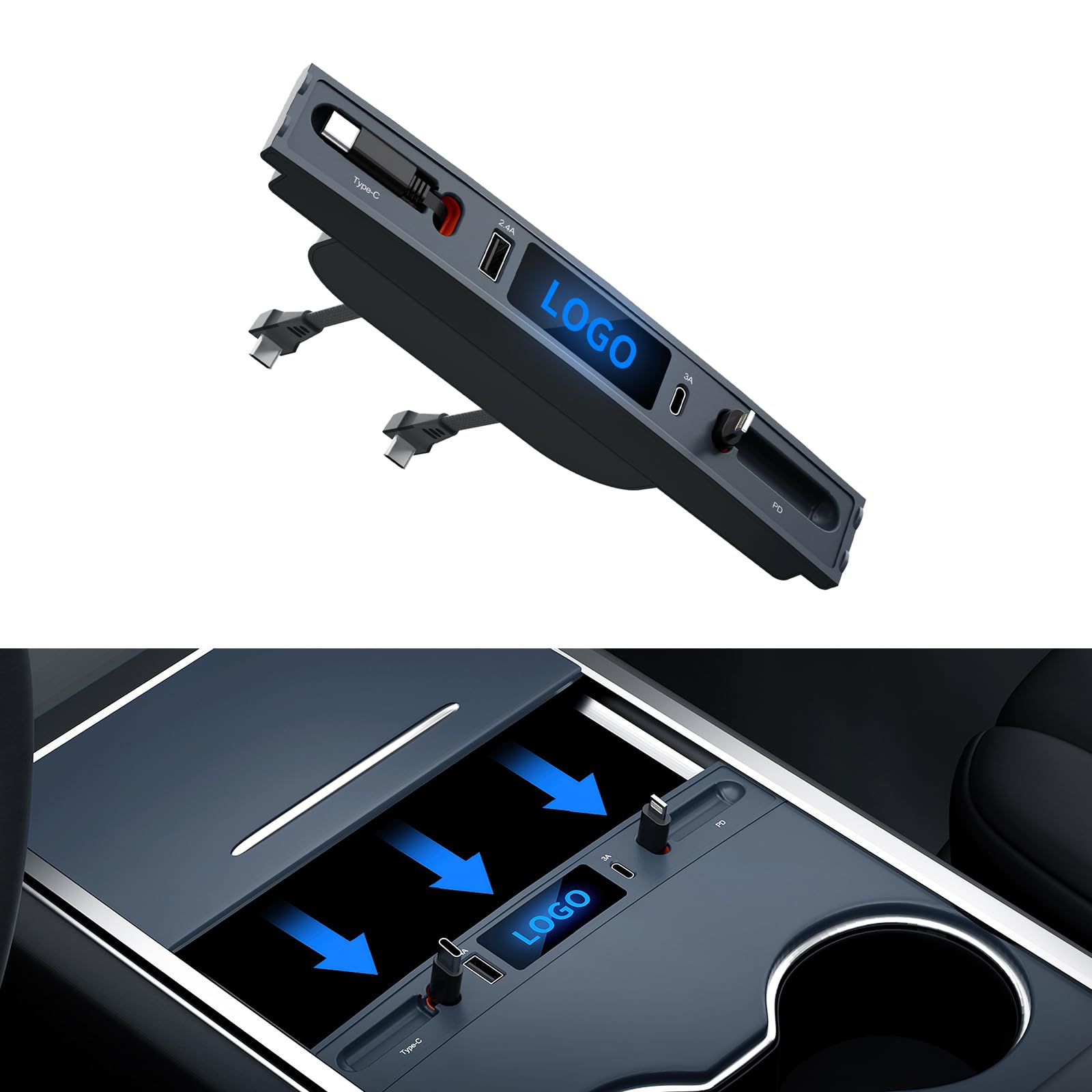 MIRAIDON for Tesla USB Hub, Docking Station with Retractable Fast Charging Cable for Tesla Model 3 Model Y 2021 2022 2023, Interior Accessories for Tesla Model 3/Model Y Center Console