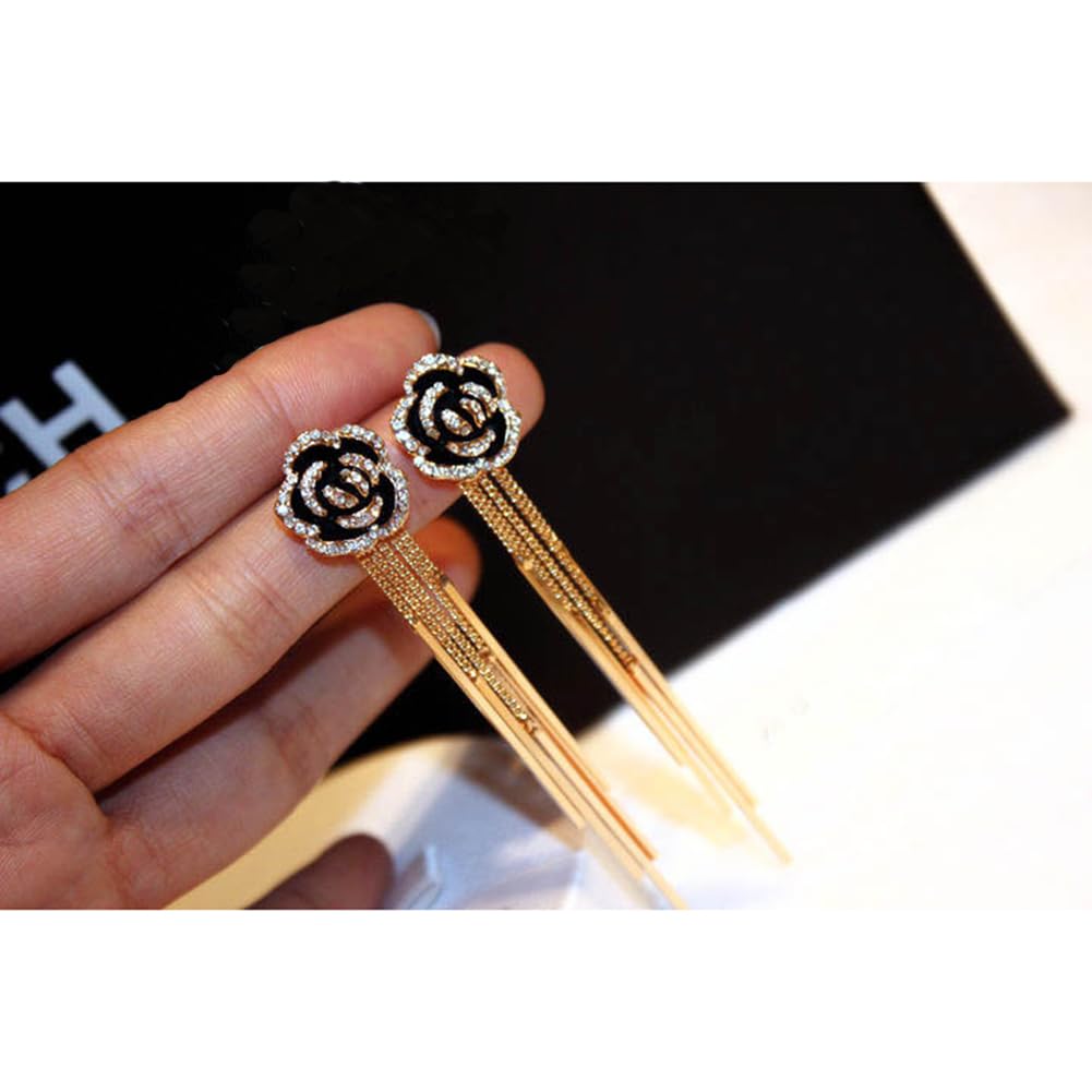Rhinestone Pendant Black Rose Floral Tassel Earrings