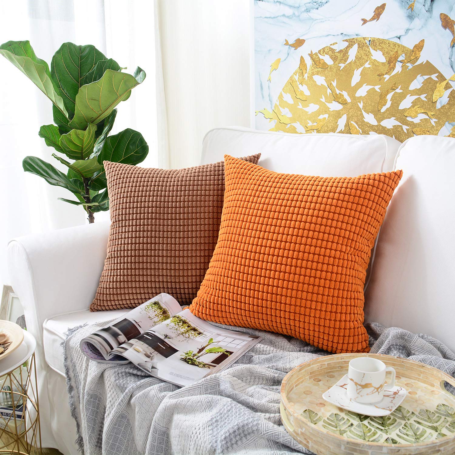 MERNETTE Pack of 2, Corduroy Soft Decorative Square Throw Pillow Cover Cushion Covers Pillowcase, Home Decor Decorations for Sofa Couch Bed Chair 18x18 Inch/45x45 cm (Granules Orange)