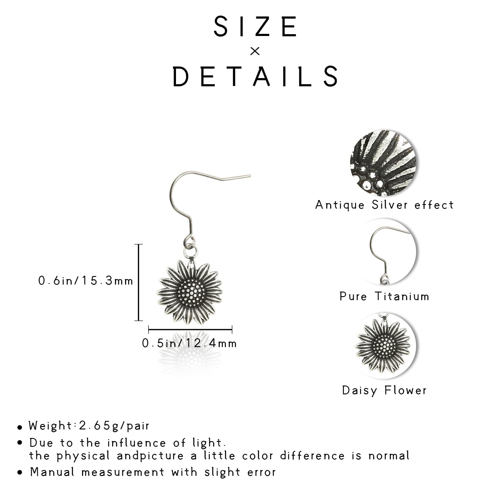 Titanium Vintage Sunflower Drop Earrings For Women, Stainless Steel Flower Dangle Earrings Charms, Pure Titanium Hook Hypoallergenic For Sensitive Ear