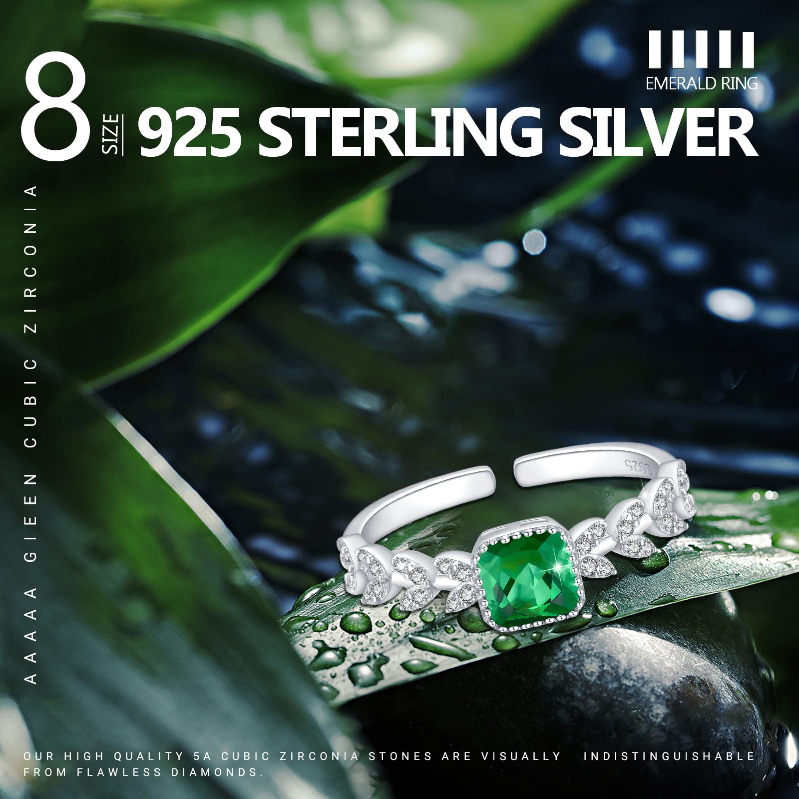 TUGHRA Emerald Ring - Sterling Silver Green Vintage Gem Birthstone Ring, Cubic Zirconia Leaf Ring, Adjustable Branch Ring Jewelry For Women, Mother's Day Gift