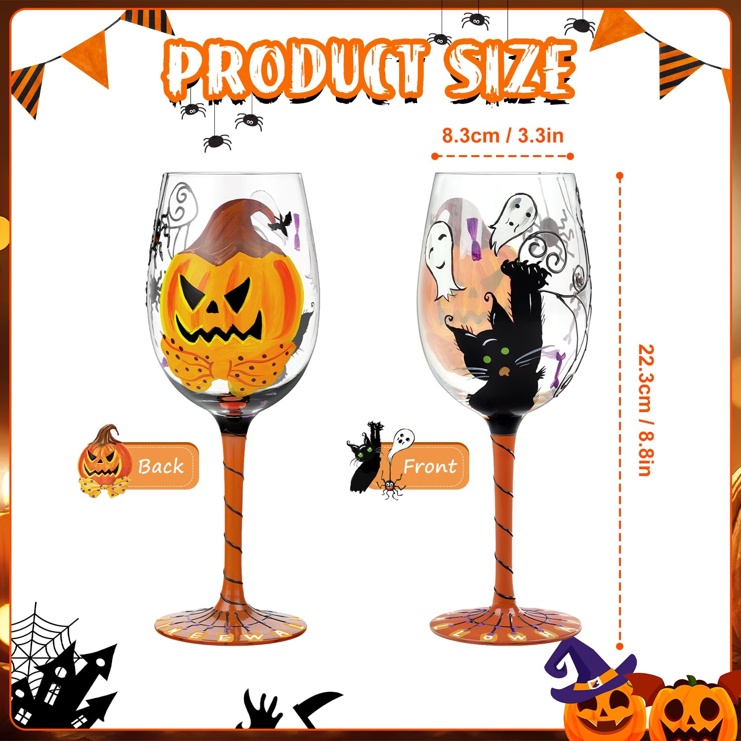 NymphFable Halloween Hand Painted Wine Glass Pumpkin Black Cat Spider Cobwebs Ghosts Unique Halloween Wine Glass for Home Party Friend