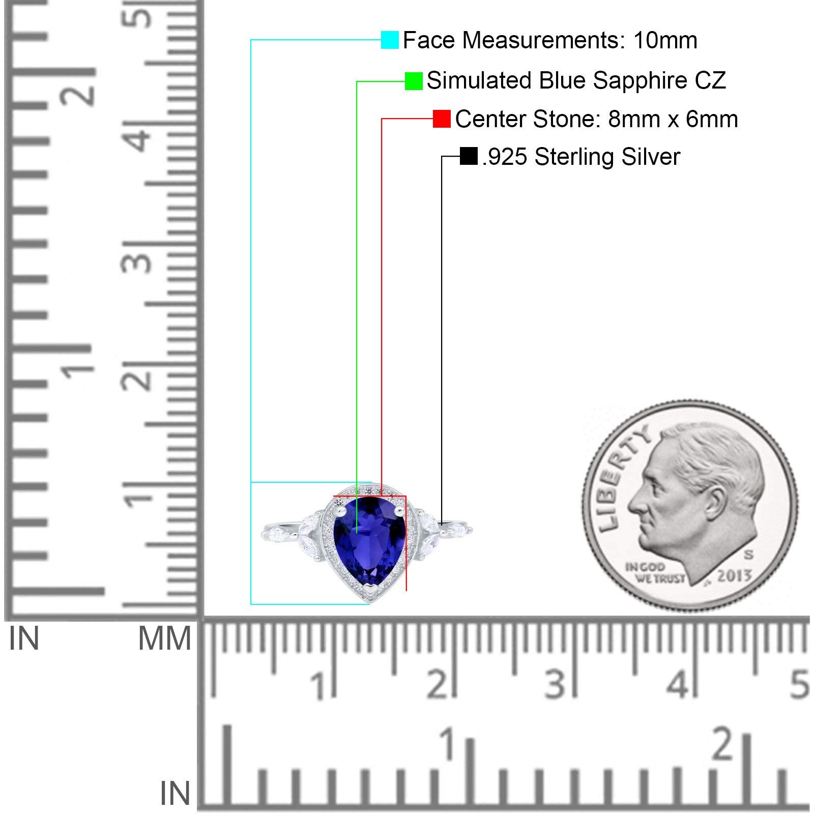 Simulated Blue Sapphire CZ Size-8 Teardrop Pear Art Deco Engagement Wedding Bridal Halo Ring Round Marquise Simulated CZ 925 Sterling Silver