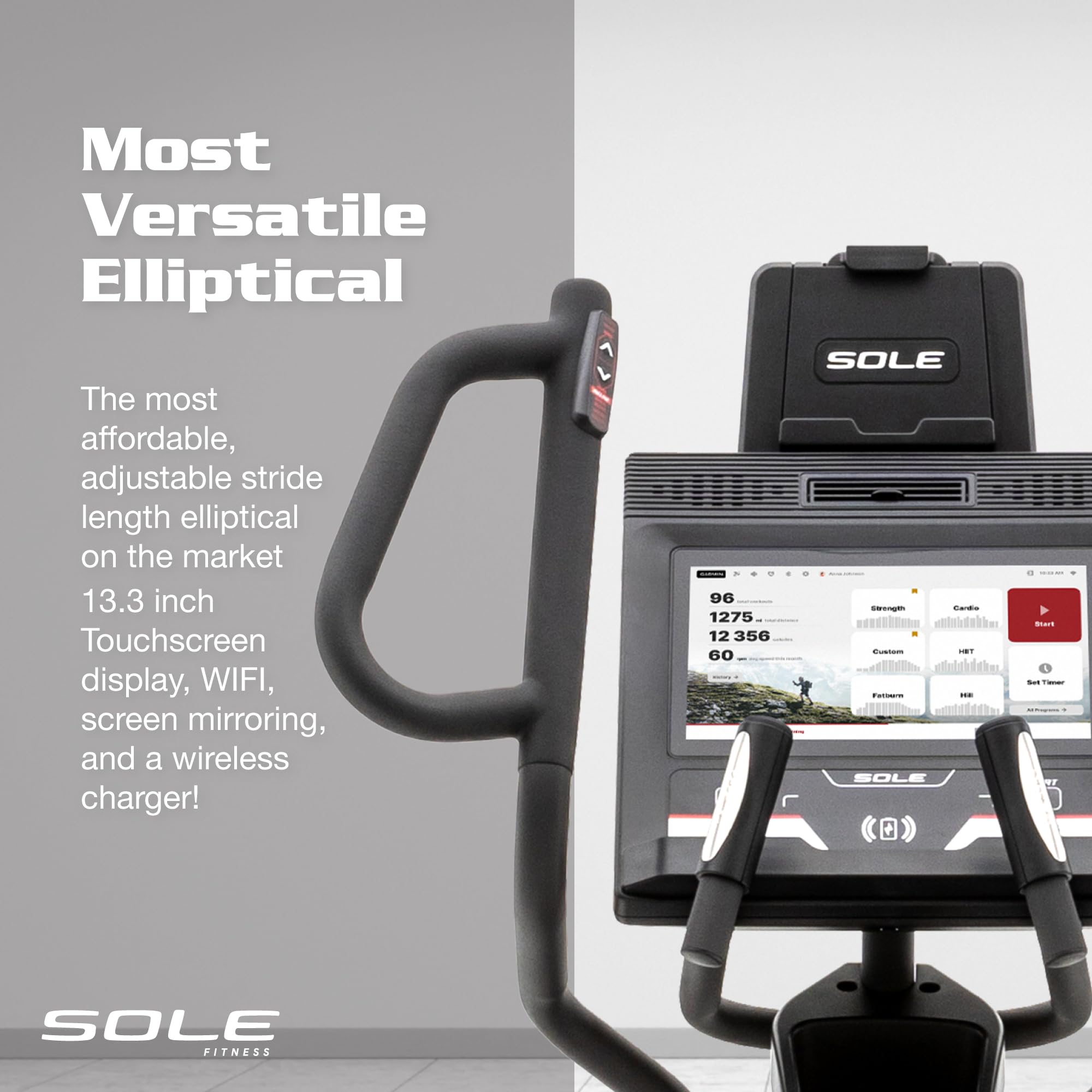 New 2023 Elliptical Exercise Machine by Sole Fitness, Home Workout Equipment for Cardio, Running, and Walking, Adjustable Stride Length, 13.3" Touch Screen, Bluetooth, and Tablet Holder (Sole E95S)