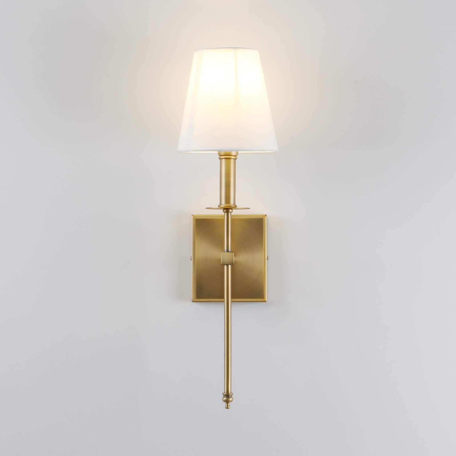 PERMO Set of 2 Classic Rustic Industrial Wall Sconce Lighting Fixture with Flared White Textile Lamp Shade and Antique Brass Tapered Column Stand