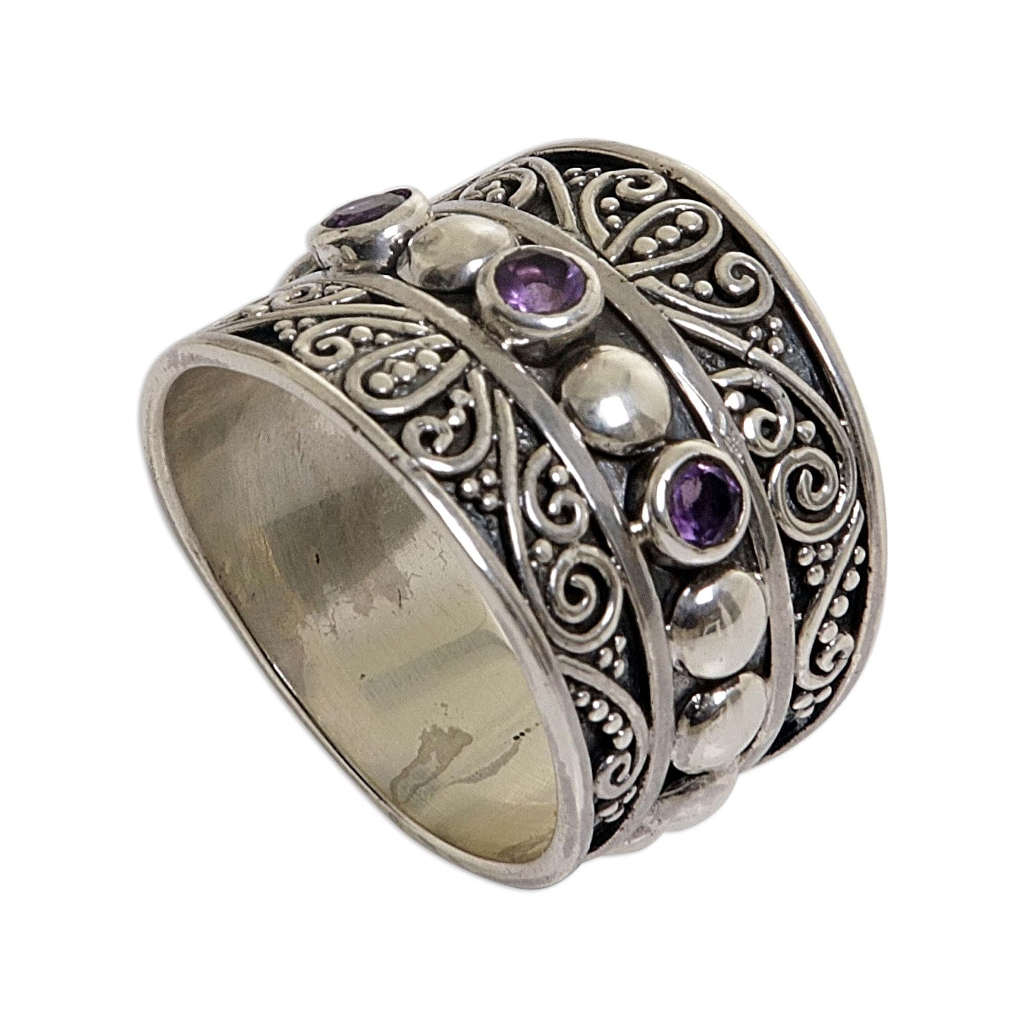 NOVICA Artisan Handmade Amethyst Band Ring .925 Sterling Silver Indonesia Birthstone Gemstone 'Lucky Trio'