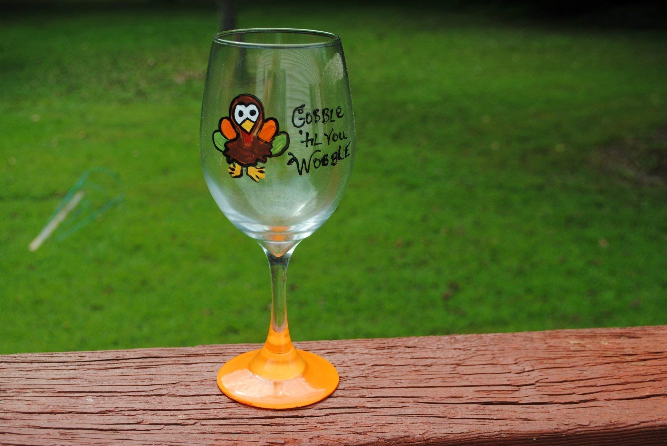 Thanksgiving Turkey Orange Green Gobble Til You Wobble Hand Painted Wine Glasses Set of 2