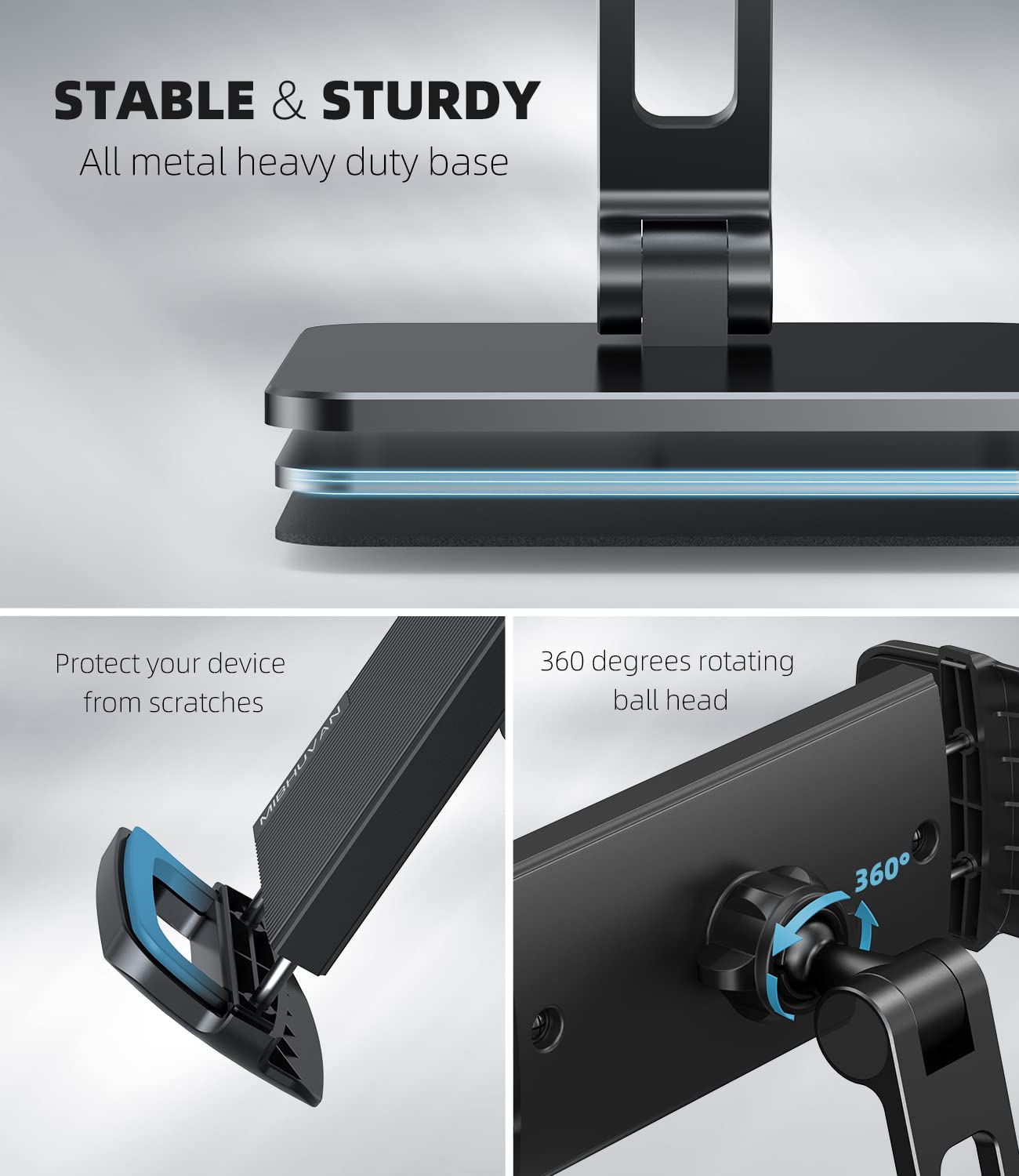 Tablet Stand Holder for desk, Mibhuvan Adjustable & Foldable Aluminium alloy Heavy Duty Base Desktop Stand Holder Dock Compatible with iPad Pro 12.9/11, Air, Mini, Tabs, Kindle, (4.7-13")Tablet, Black