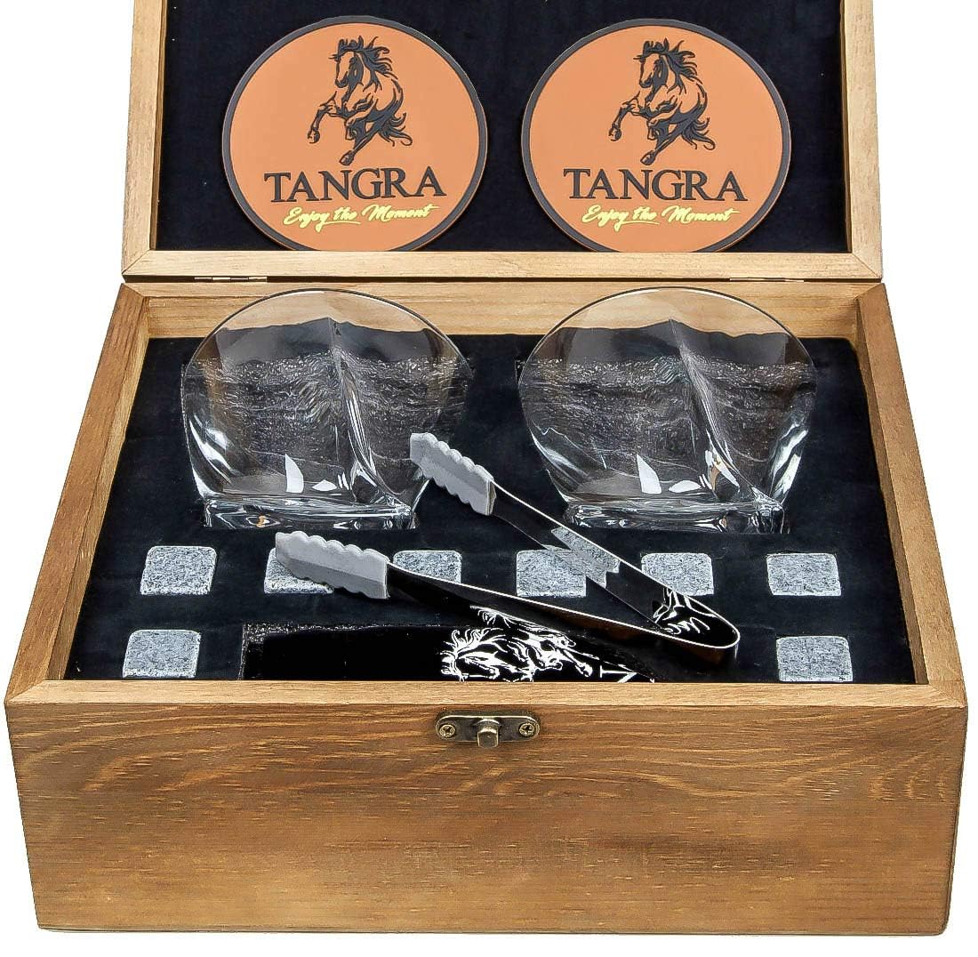 Whiskey Stones Luxury Gift Set of 8 Granite Ice Cubes Reusable Chilling Rocks + 2 Large Size Scotch Glasses in Wooden Box. Cool Whiskey Gift Sets for Man Dad Father Groomsmen