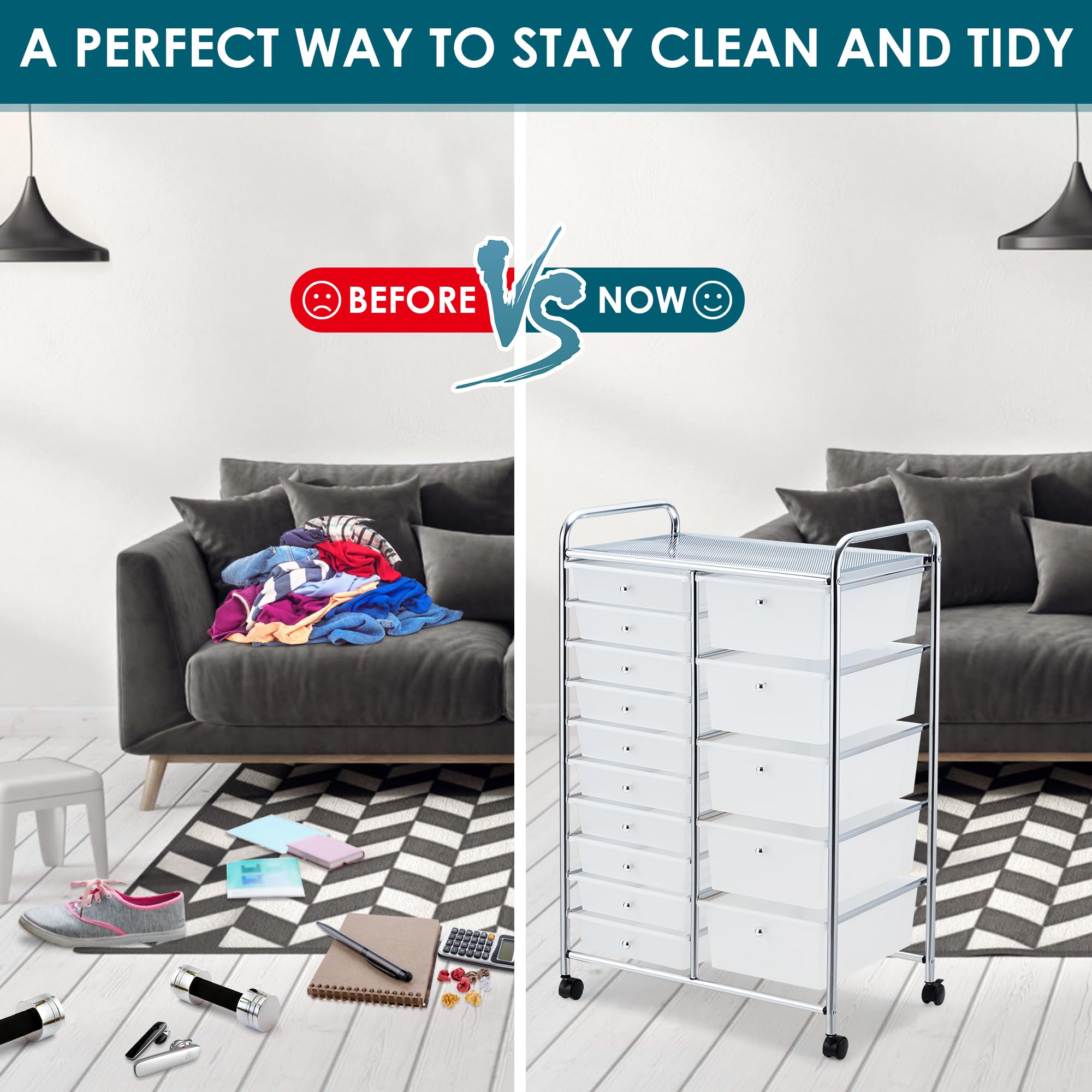 Sapodilla15-Drawer Rolling Storage Cart, Multipurpose Movable Organizer Cart for School Office Home Beauty Salon, Multipurpose Storage Organizer Cart with 4 Lockable Casters(White)