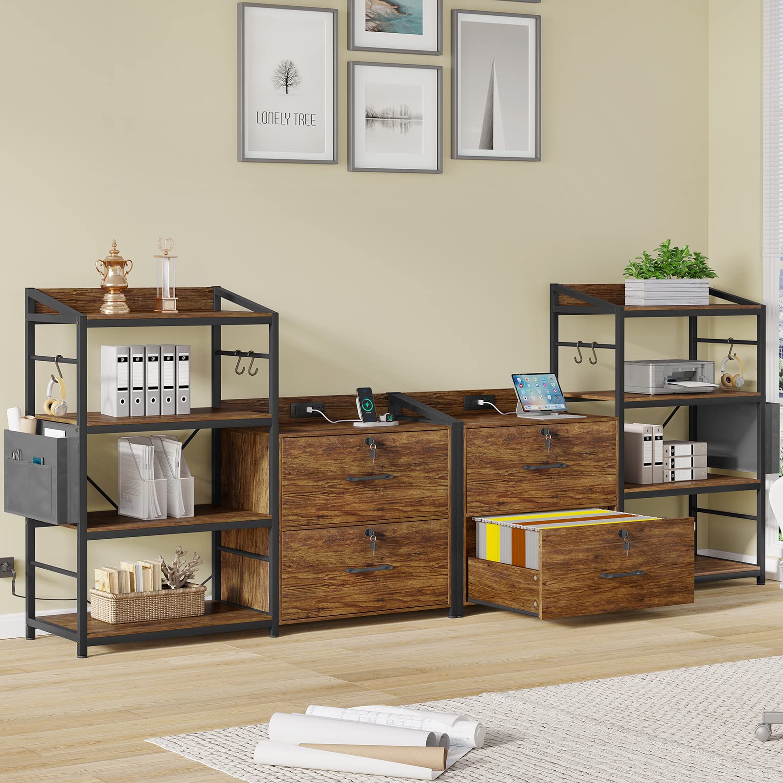SEDETA 47β File Cabinet with Power Strip, Filing Cabinet fits Legal, Letter, A4 Size, 2 Drawer File Cabinet with Lock, File Cabinets for Home Office with Open Shelf and 3 Hooks, Rustic Brown