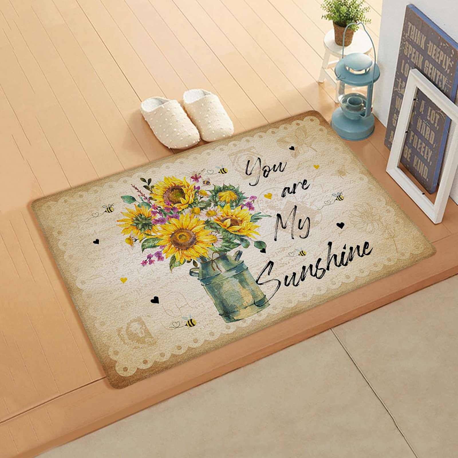 Sunflower Antifatigue Kitchen Bath Door Mat Cushioned Runner Rug,Washable Welcome Floor Sink Mat,Retro Letter Stamp Bee Sunshine Flower Waterproof Non-Slip Comfort Standing Doormat for Kitchen,20"x39"