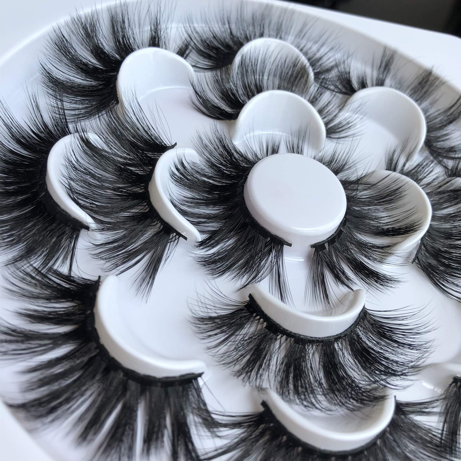 PLEELL 3D Mink 25mm Lashes,7 Pairs Long Dramatic Faux Fluffy False Eyelashes Crossed Lashes Wispy Handmade Volume Eye Makeup Mink