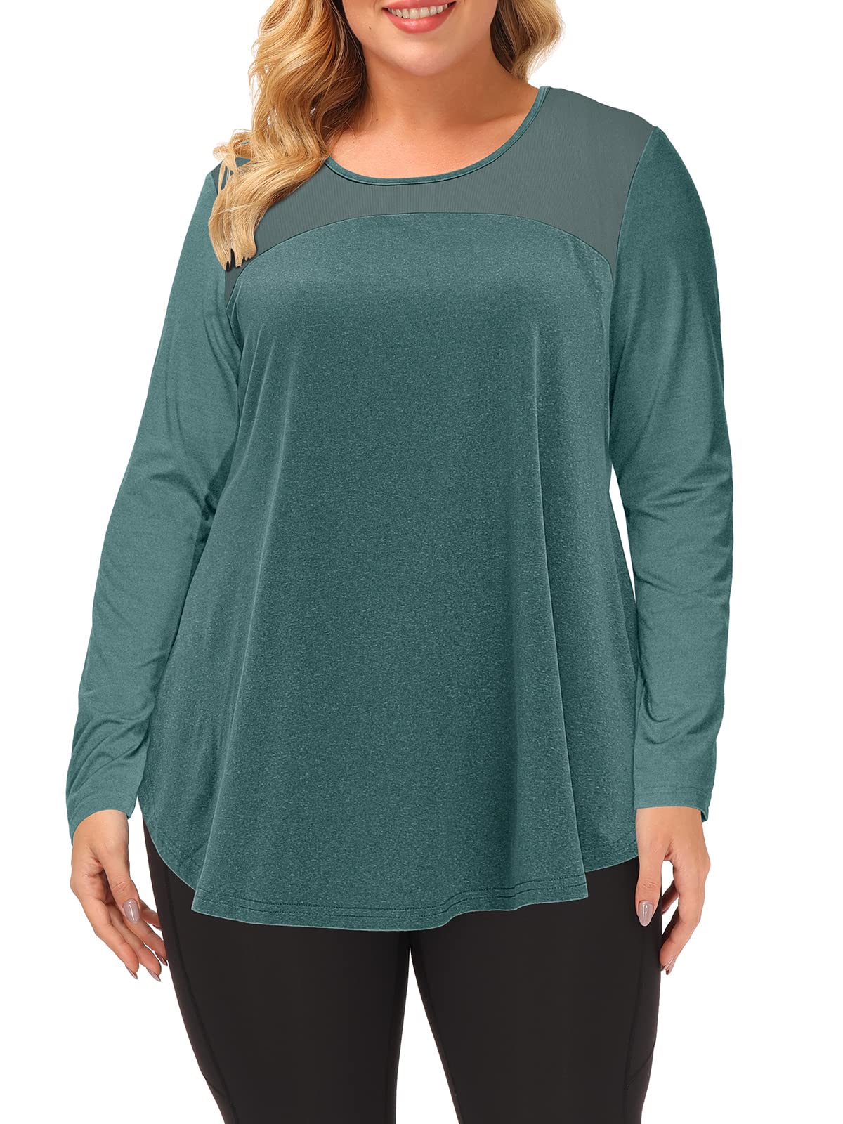 Uoohal Women's Plus Size Long Sleeve Workout Shirts Mesh Quick Dry Side Split Athetic Yoga Gym Tops Blackish Green 4X