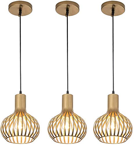 POPILION Gold Pendant Light Fixtures,Hanging Pendant Light with Metal Cage Shade for Kitchen Island,Bar,Living Room Dinning Room E26