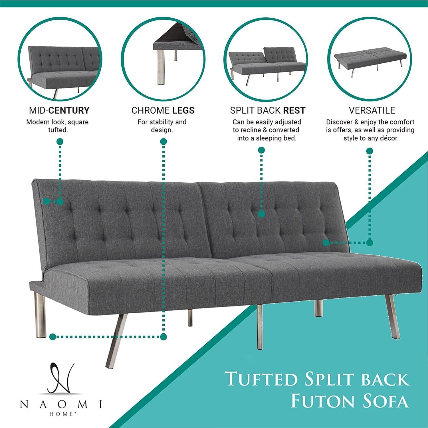 Naomi Home Tufted Futon Sofa Bed Pull Out Sofa Bed Couch Convertible with Wooden Legs, Folding, Reclining Small Couch Bed, Futon Bed for Living Room (Gray, Tufted Split Back/Linen)