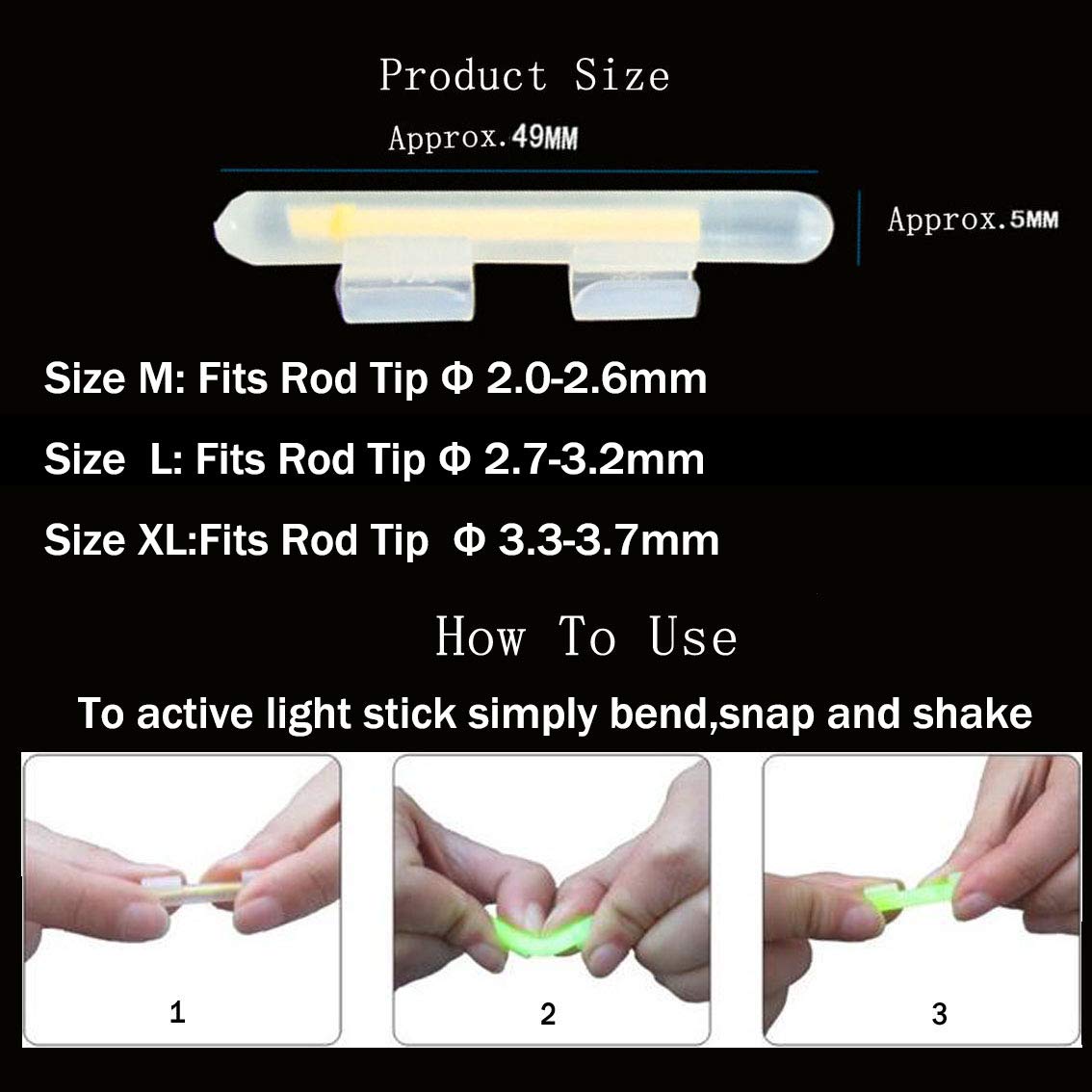 QualyQualy Clip-On Fishing Glow Sticks for Pole, Fishing Lights for Rods, Fishing Pole Light Sticks Bulk Kit 20 Pcs (10Packs L 2.7-3.2mm)