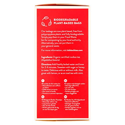 TICK TOCK TEAS Organic Rooibos Tea Bags, Organic Original Rooibos Tea, 40 Count