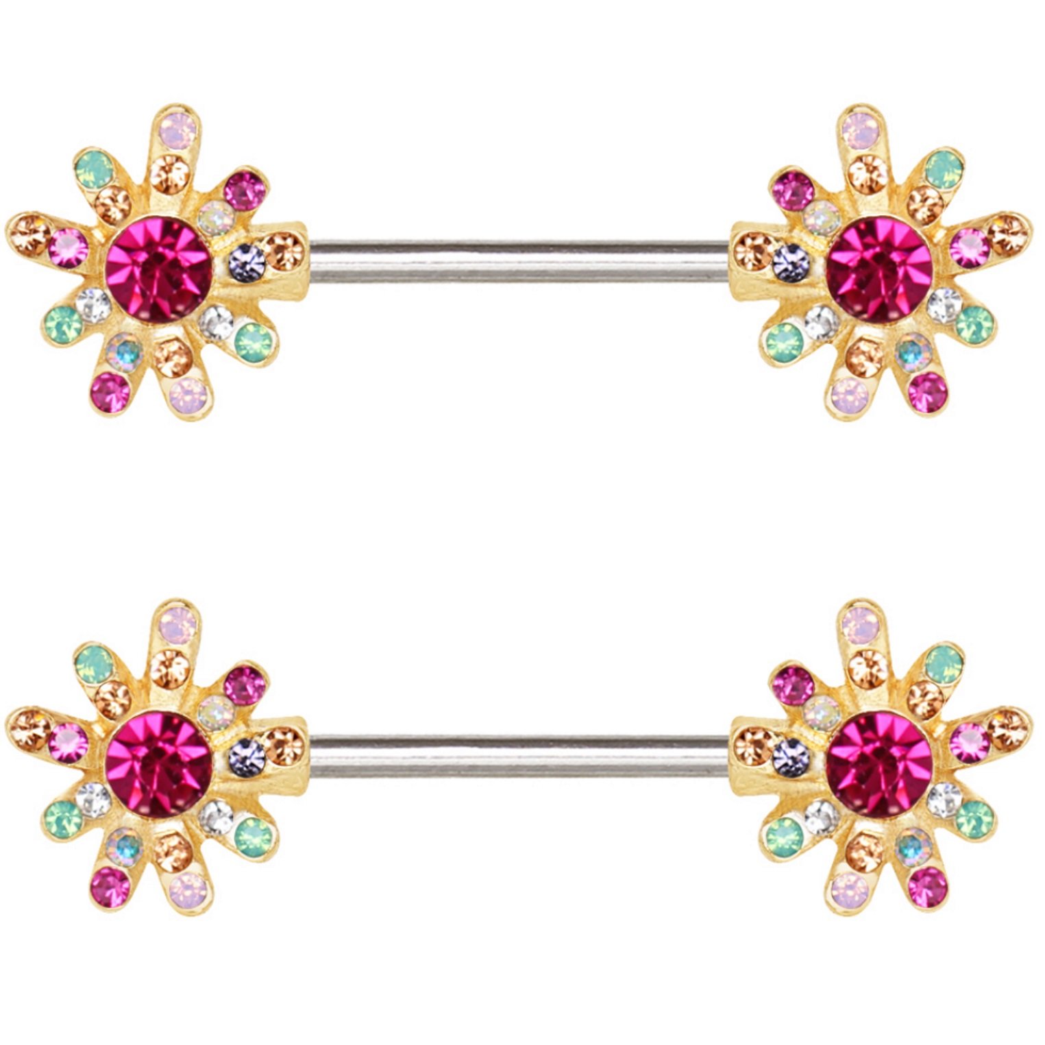 Pair of Rainbow Jeweled Flower Nipple Piercing Rings Steel Barbells - 14G 9/16"