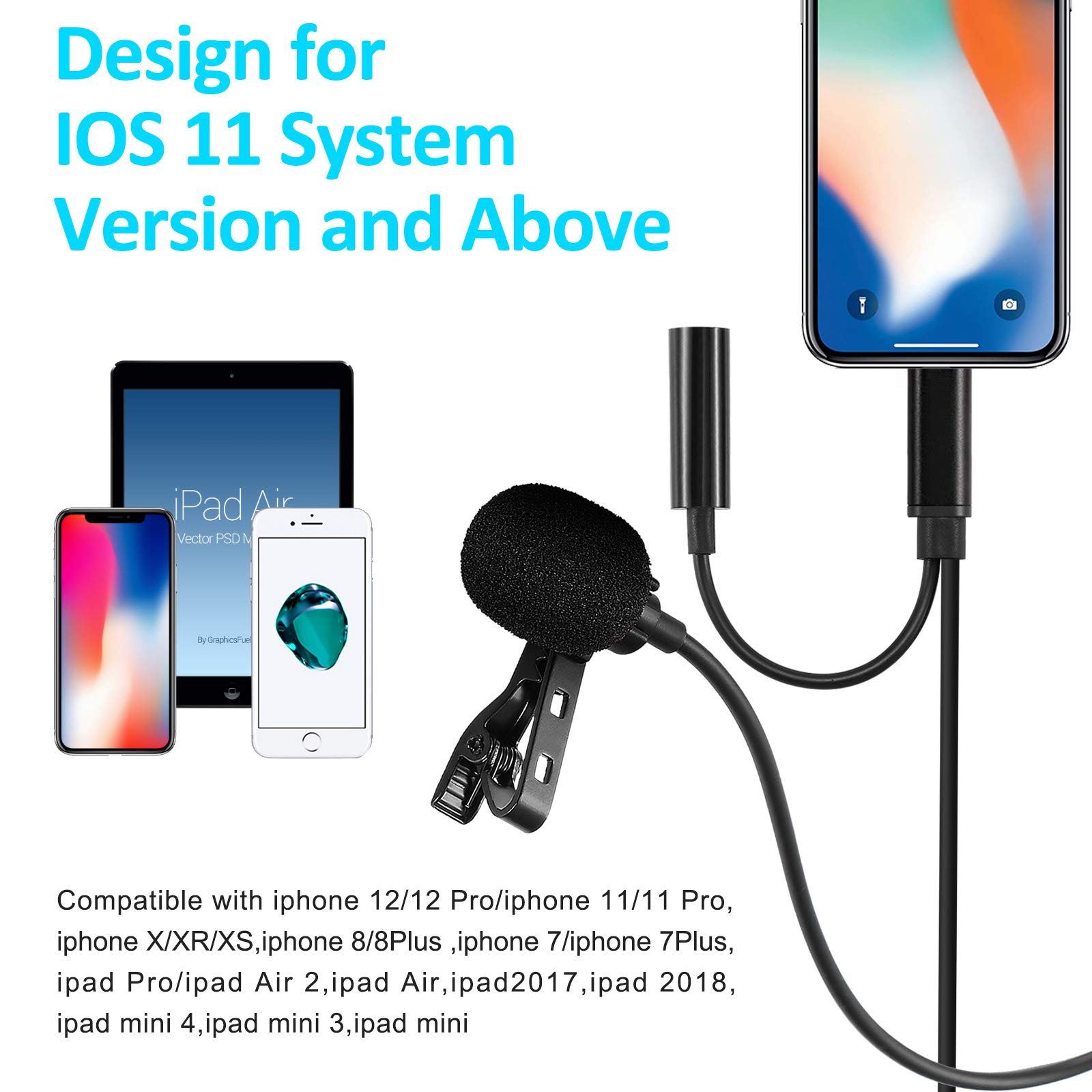 Sinlaku Lavalier Lapel Microphone Compatible with iPhone,Professional Omnidirectional Mini Clip on MIC with Earphone Jack,for YouTube,Video Recording,Compatible with iPhone X/XR/XS/11/8/7/iPad