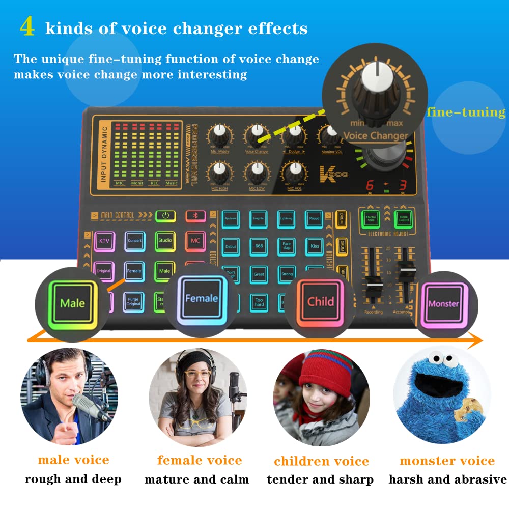 Sound Mixer Board, LED Light Voice Changer Sound Card with Multiple Sound Effects - Live Sound Card