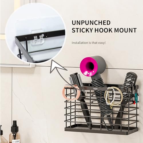 Segler Hair Dryer Organizer Wall Mounted & Cabinet Door, 3 in 1 Storage, Adjustable Height, Carbon Steel, Black