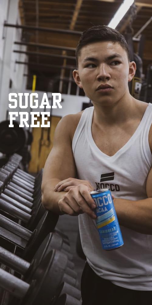 NOCCO BCAA Energy Drink Caribbean Pineapple - 12 Fl Oz (Pack of 12) - 180mg Caffeine, Sugar Free Energy Drinks - Carbonated, Low Calorie, BCAAs, Vitamin B6, B12, & Biotin - Grab & Go Performance Drink