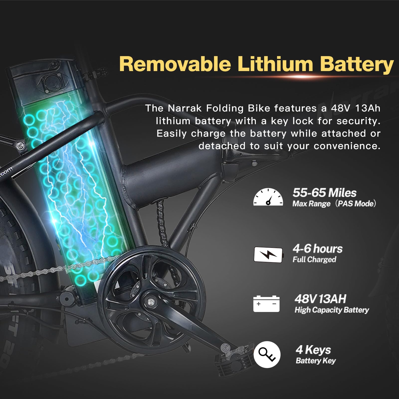 NARRAK Fat Tire Folding Electric Bike 48V 624Wh lithium Removable Battery Peak 1100W Brushless Motor Max Speed 28Mph M5 large LCD Display Suspension Step-Over Frame for Adults (S127-Bk/Or)